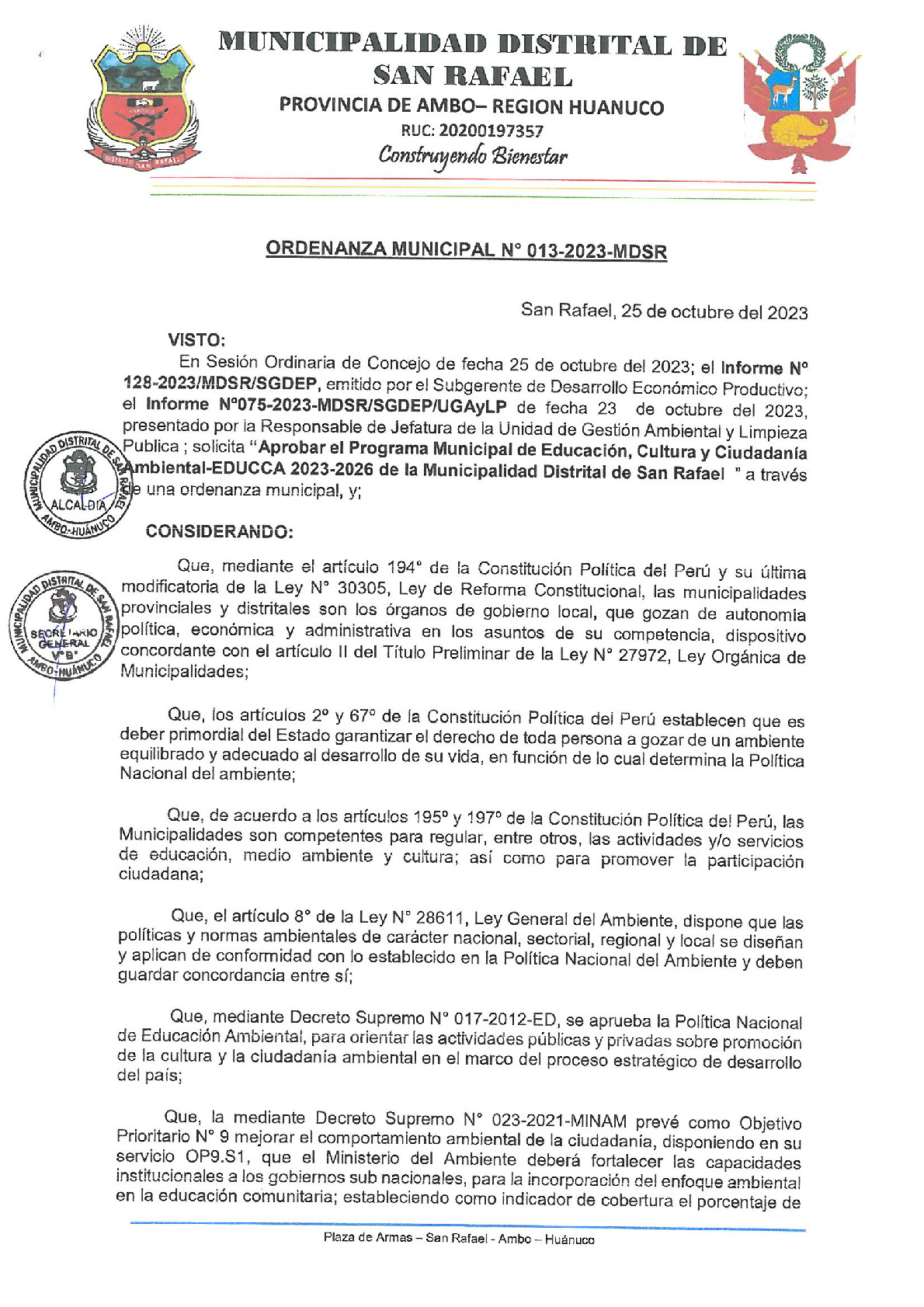 Programa Municipal de Educación, Cultura y Ciudadanía Ambiental de la Municipalidad Distrital de ...